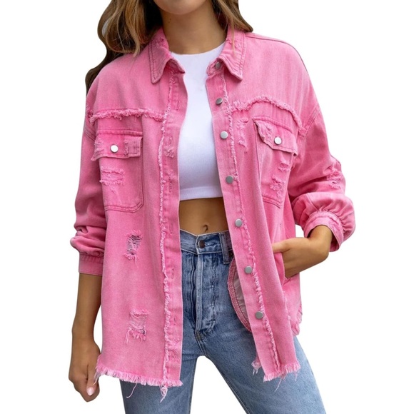 Jackets & Coats | Womens Oversized Pink Denim Jacket Casual Long ...